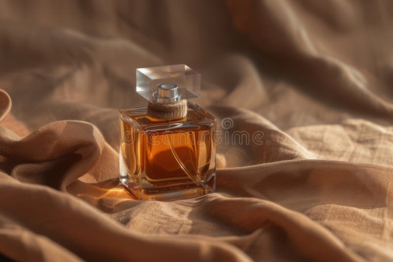 Perfume Bottle on a Brown Fabric Background, Side Angle, Warm Lighting ...