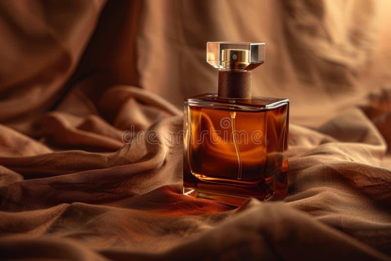 Perfume Bottle on a Brown Fabric Background, Side Angle, Warm Lighting ...
