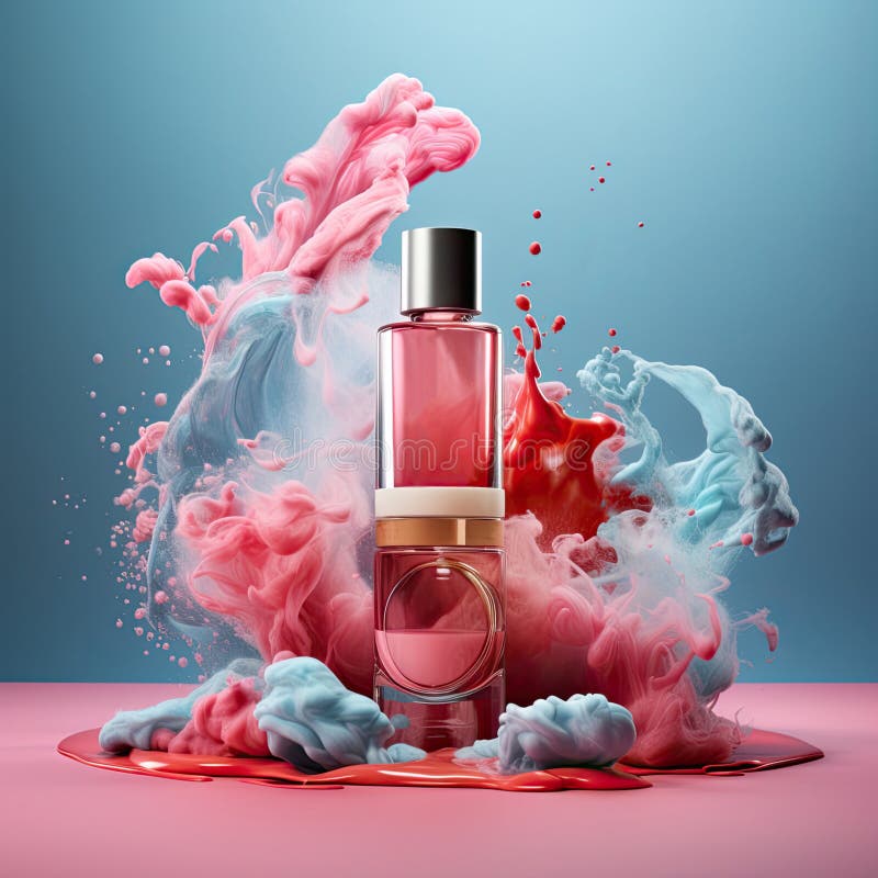 Perfume Bottle with a Cap Surrounded by a Splash of Multicolored Liquid ...