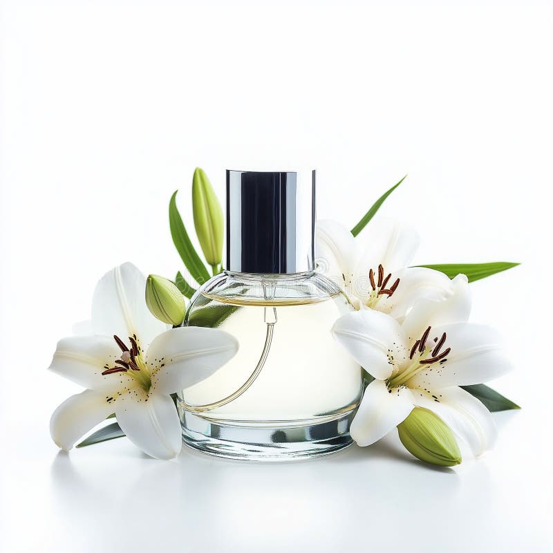 Perfume Bottle with Delicate Ring of Fresh Lilies Isolated Stock Photo ...