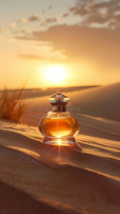 Perfume Bottle in the Desert Sand at Sunset, Artistic Concept of Luxury ...