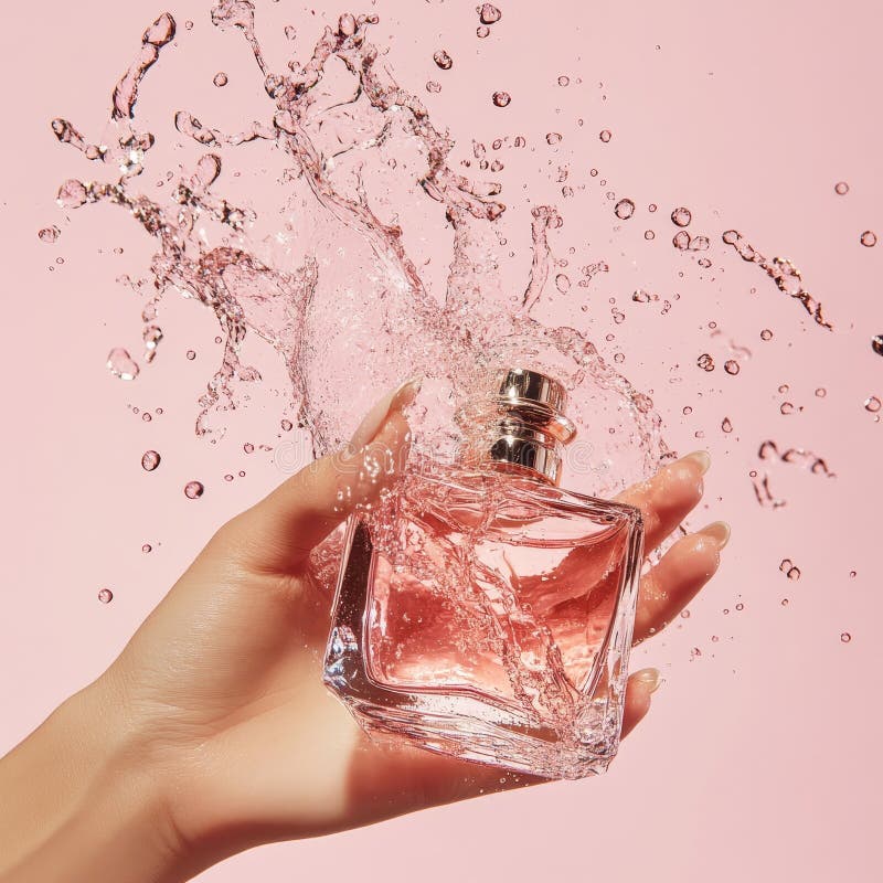 Perfume Bottle in Female Hand with Water Splash on Pink Background ...