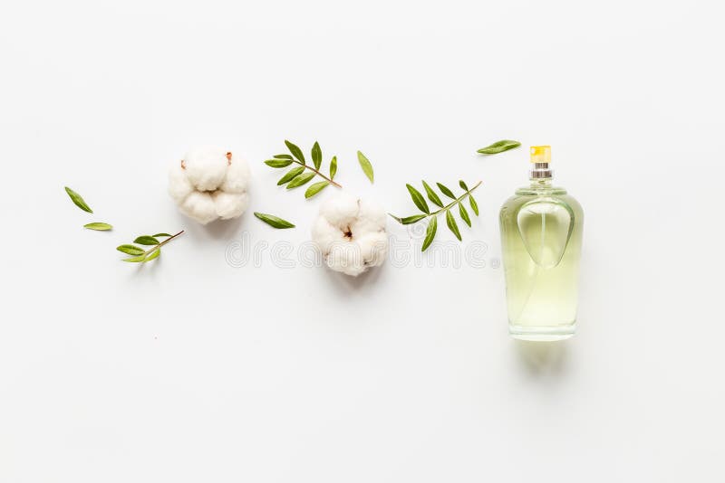 Perfume Bottle Flat Lay with Fragrance Ingredients, Top View Stock ...