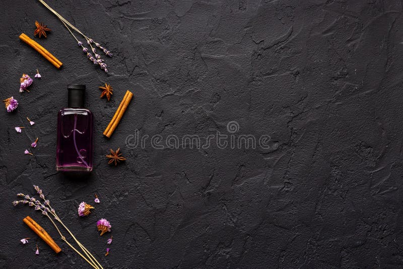 Perfume Bottle Flat Lay with Fragrance Ingredients, Top View Stock ...