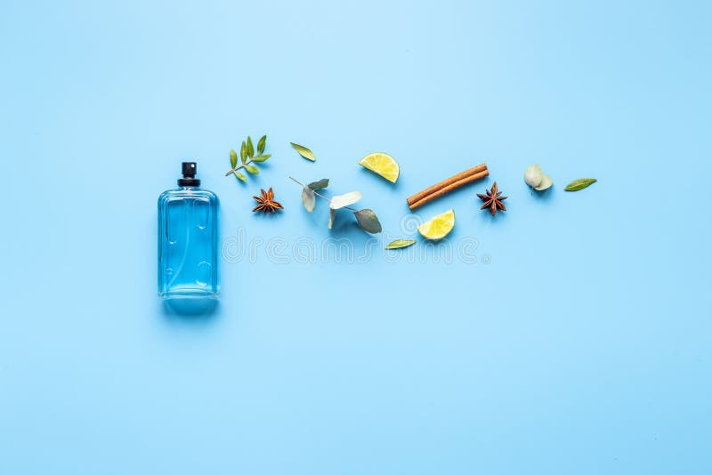 Perfume Bottle Flat Lay with Fragrance Ingredients, Top View Stock ...