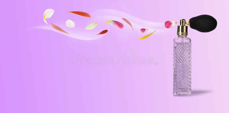 Perfume Bottle with Floral Scent on Violet Background, Banner Design ...