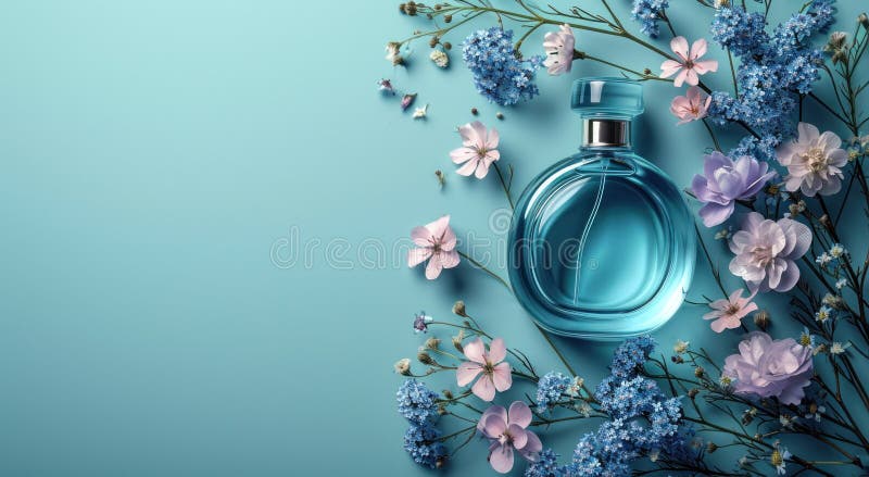 Perfume Bottle and Flowers on Blue Background Stock Illustration ...
