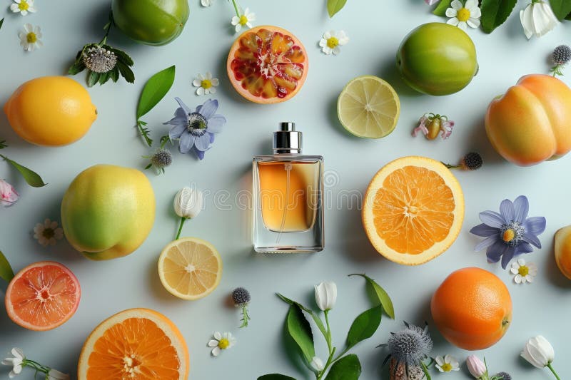 Perfume Bottle among Fruits and Flowers, Bright Daylight, Top Angle ...