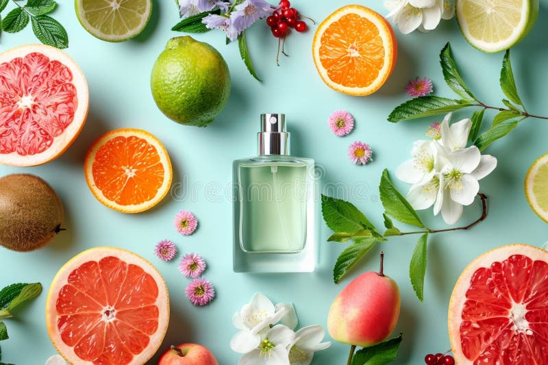 Perfume Bottle among Fruits and Flowers, Bright Daylight, Top Angle ...