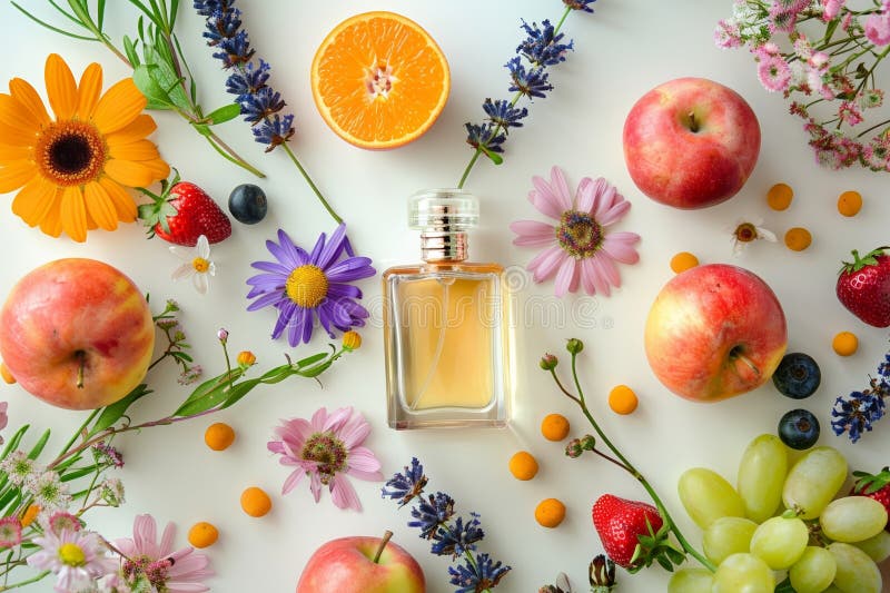 Perfume Bottle among Fruits and Flowers, Bright Daylight, Top Angle ...