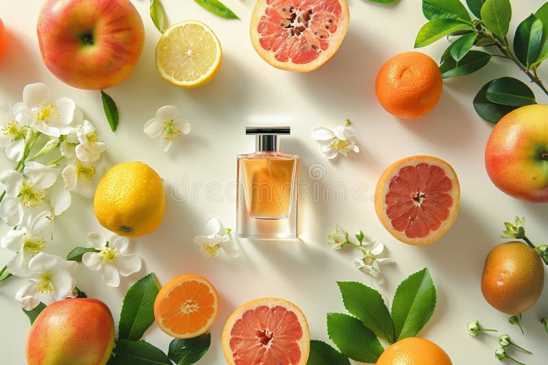 Perfume Bottle among Fruits and Flowers, Bright Daylight, Top Angle ...