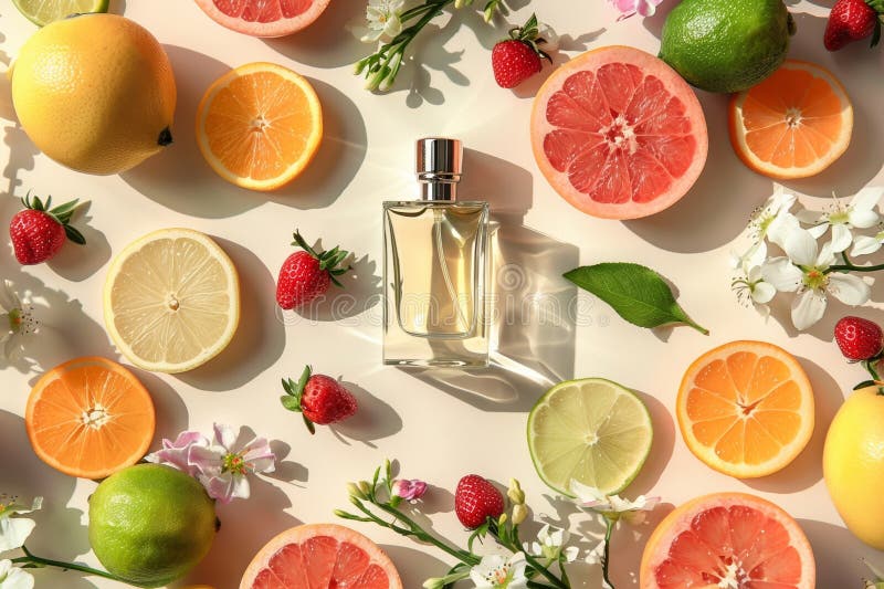 Perfume Bottle among Fruits and Flowers, Bright Daylight, Top Angle ...