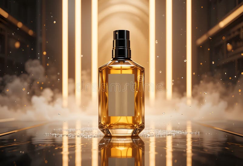 Perfume Bottle with Gold Liquid on Reflective Surface Stock ...