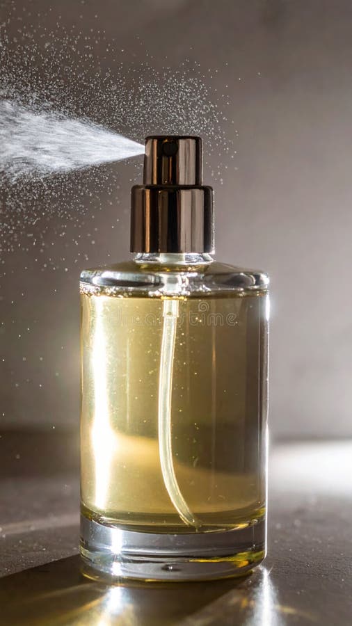Perfume Bottle with Gold Liquid Spraying on Gray Reflective Surface ...