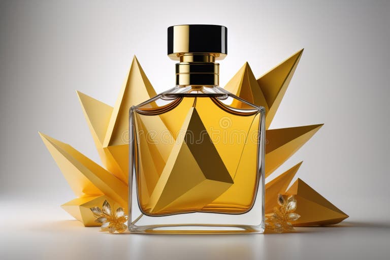 Perfume Bottle with Golden Triangle Pattern on White Background ...