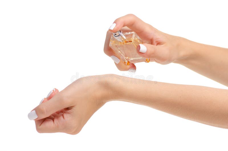 Perfume bottle in hand stock photo. Image of hygiene - 123334180
