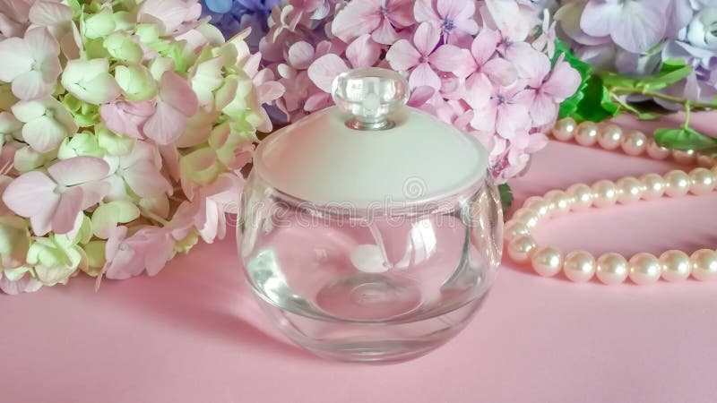 Perfume Bottle and Hydrangea Flowers Stock Image - Image of decorative ...