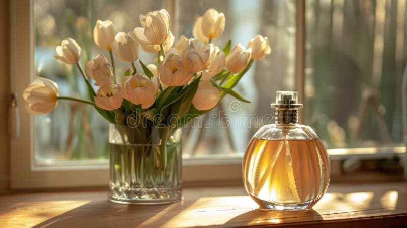 Perfume Bottle and Ivory Tulips in Soft Spring Sunlight on Table Stock ...