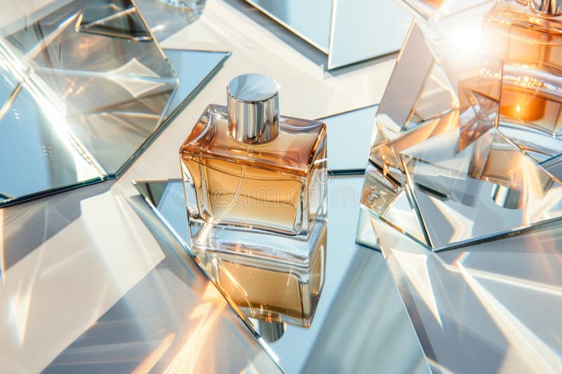Perfume Bottle among Mirrors, Multiple Reflections, Top Angle, Bright ...