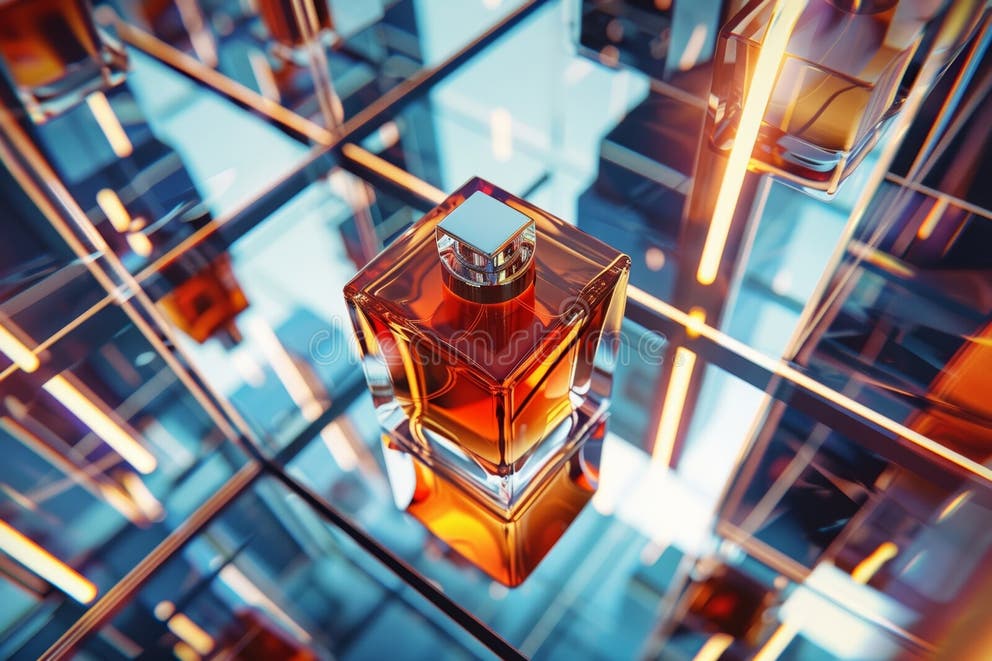 Perfume Bottle among Mirrors, Multiple Reflections, Top Angle, Bright ...