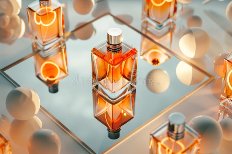 Perfume Bottle among Mirrors, Multiple Reflections, Top Angle, Bright ...
