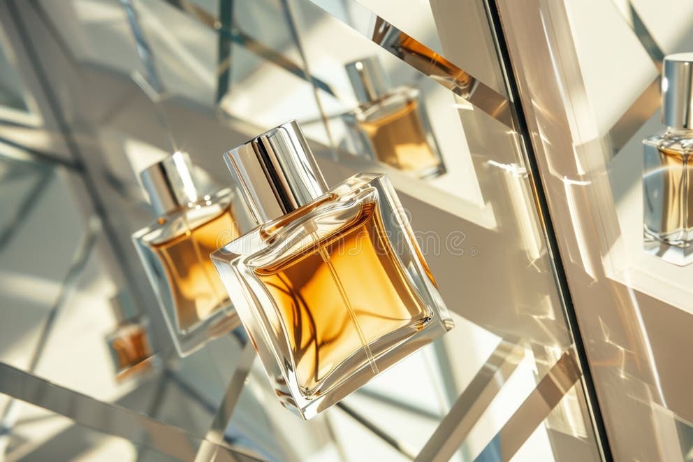 Perfume Bottle among Mirrors, Multiple Reflections, Top Angle, Bright ...