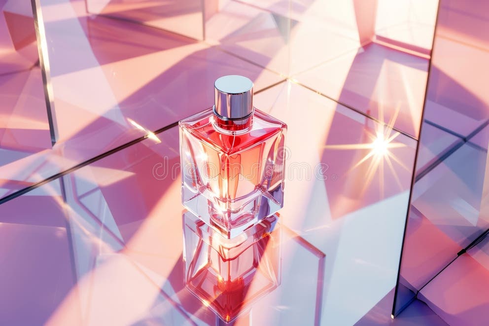 Perfume Bottle among Mirrors, Multiple Reflections, Top Angle, Bright ...