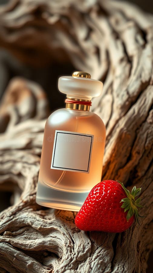 Perfume Bottle Mockup Design Next To it is a Strawberry Stock ...