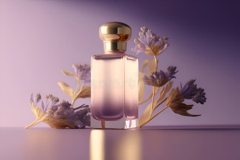 Perfume Bottle Mockup on Violet Background with Flowers, Generative AI ...