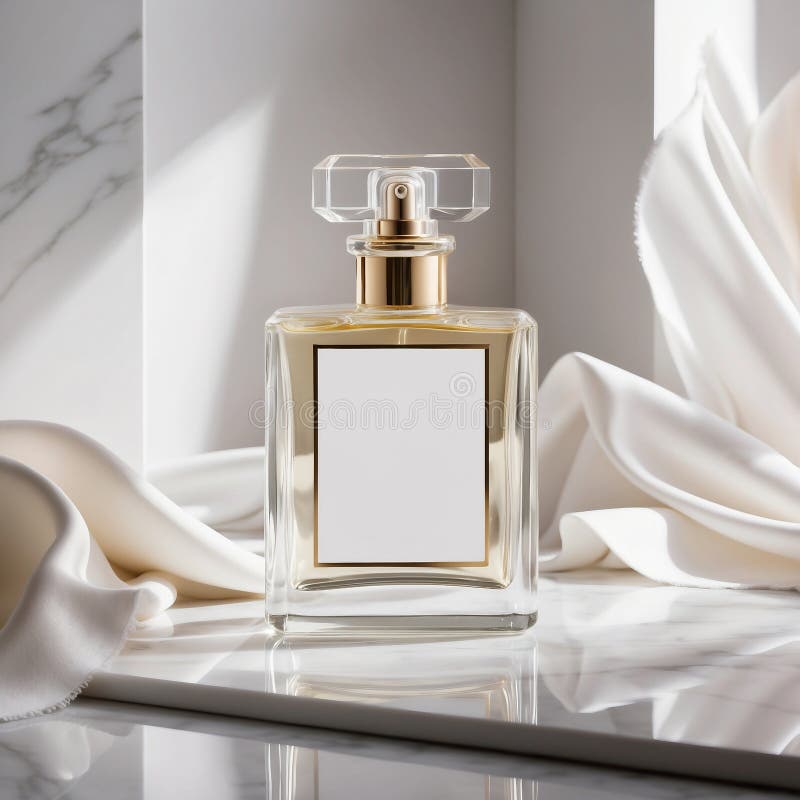 Perfume Bottle Mockup with White Blank Label Surrounded by White Silk ...