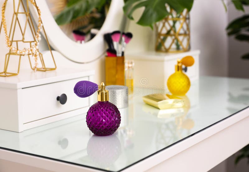 Perfume Bottle on Modern Dressing Table, Space for Text. Stylish Room ...