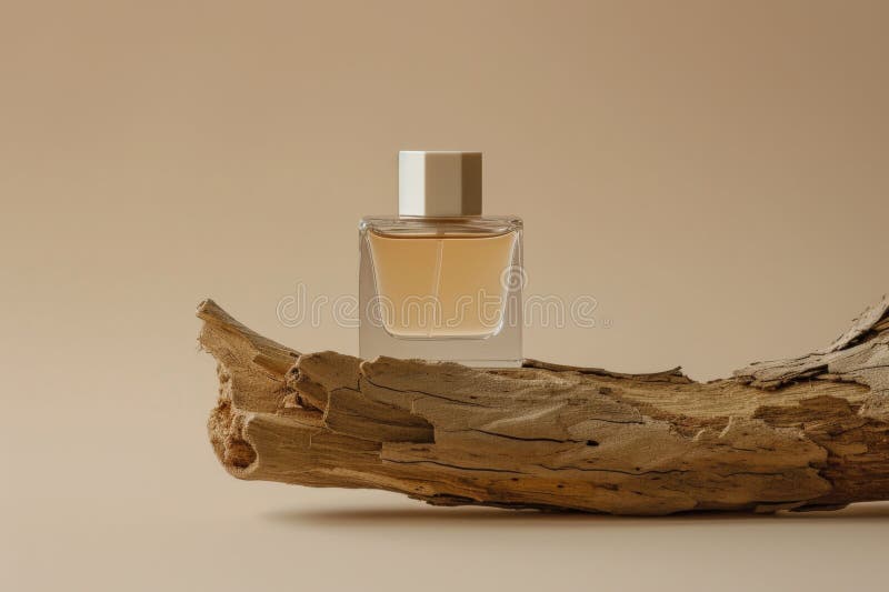 Perfume Bottle on Natural Wooden Branch Background. Stock Image - Image ...