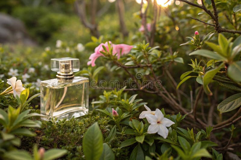 Perfume bottle in nature stock illustration. Illustration of nature ...