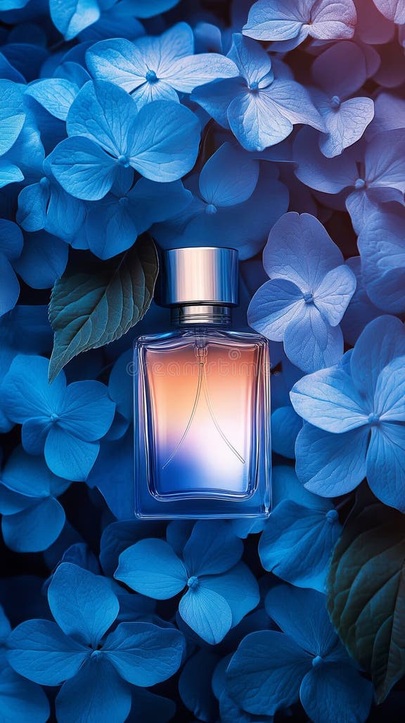 Perfume Bottle Nestled among Blue Hydrangea Blossoms, Cool Gradient ...