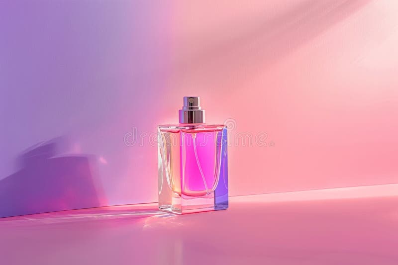 Perfume Bottle with Pink and Purple Gradient Background, Side Angle ...