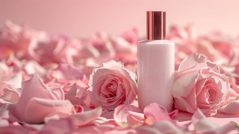 Perfume Bottle among Pink Rose Petals in a Romantic Setting. Stock ...