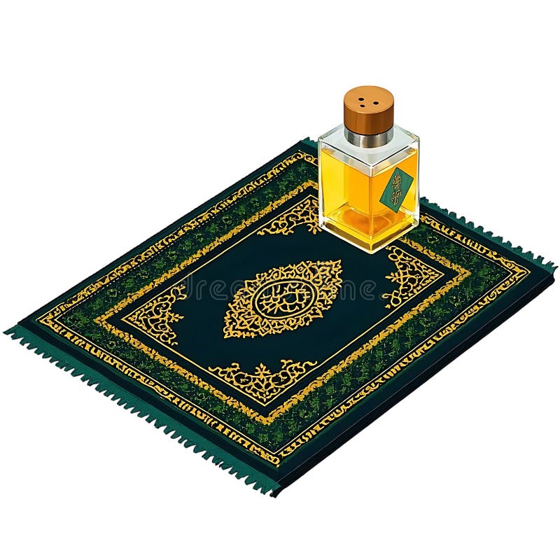 A Perfume Bottle on a Prayer Mat with Intricate Designs and a White ...