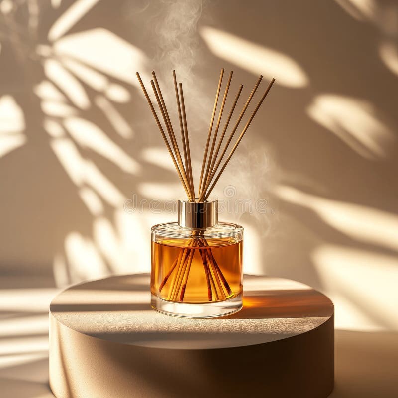 Perfume Bottle with Reed Diffuser on a Podium. 3d Rendering Stock ...