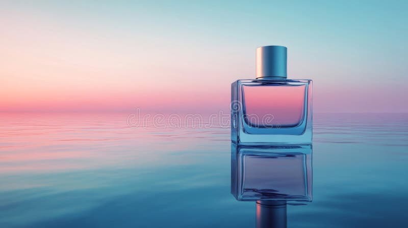 Perfume Bottle Reflection on Water with Sunset Sky in Pink and Blue ...