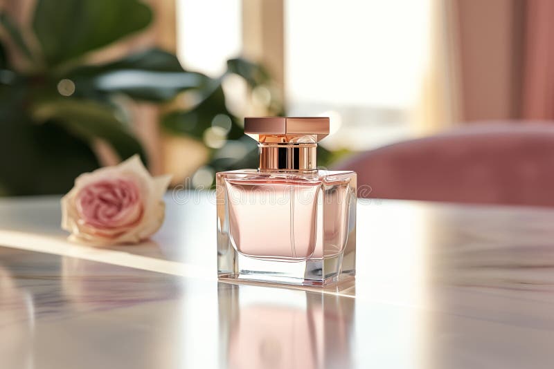 Perfume Bottle with Rose on Marble Surface, Soft Blurred Background ...