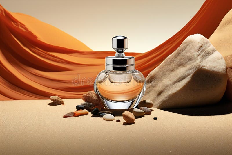 Perfume Bottle on the Sand with Orange Background Stock Illustration ...