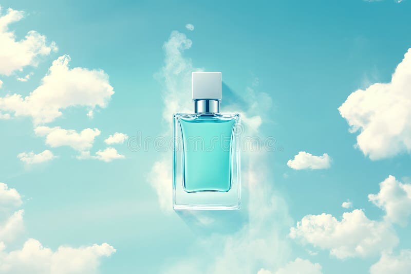 A Perfume Bottle with a Silver Cap Floating in a Blue Sky Filled with ...
