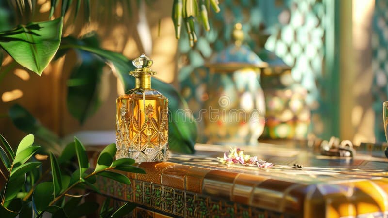 Perfume bottle on table stock image. Image of luxury - 382824221