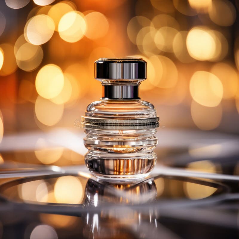 A Perfume Bottle Sitting on a Table with Lights Behind it, AI Stock ...