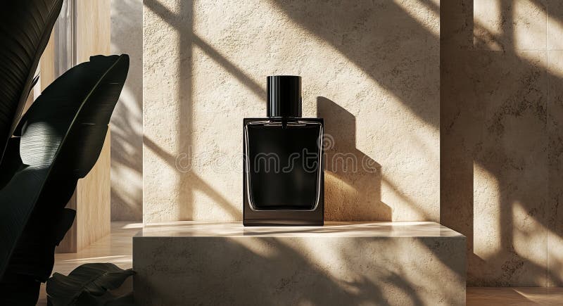 The Perfume Bottle, Sleek and Stylish, Sits on a Stone Base in a Simple ...