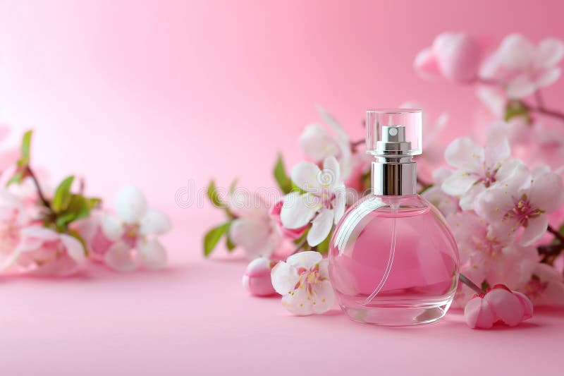 Perfume Bottle with Spring Blossom on Pink Background Stock ...