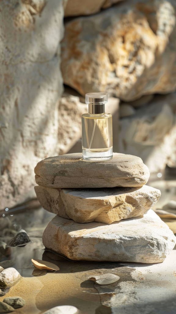 Perfume Bottle on Stacked Stones in Natural Setting Stock Photo - Image ...