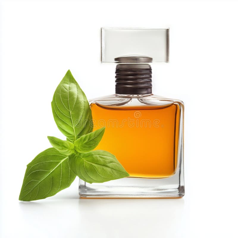Perfume Bottle Stand with Basil Flower Patchouli Plant Isolated Stock ...