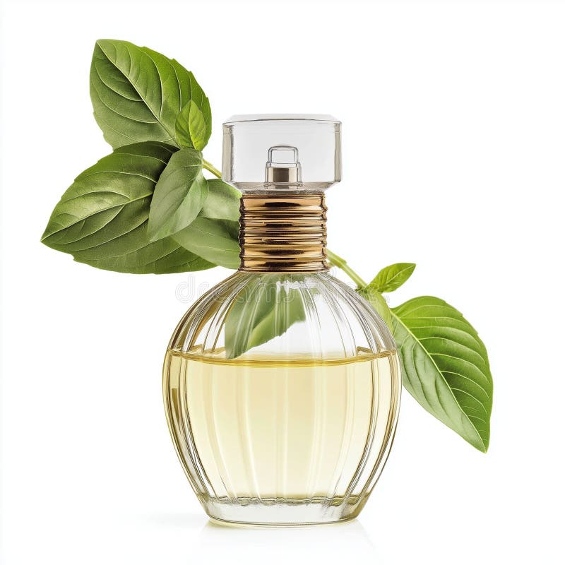 Perfume Bottle Stand with Basil Flower Patchouli Plant Isolated Stock ...