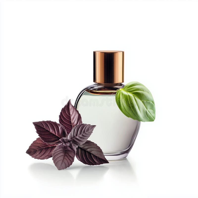 Perfume Bottle Stand with Basil Flower Patchouli Plant Isolated Stock ...